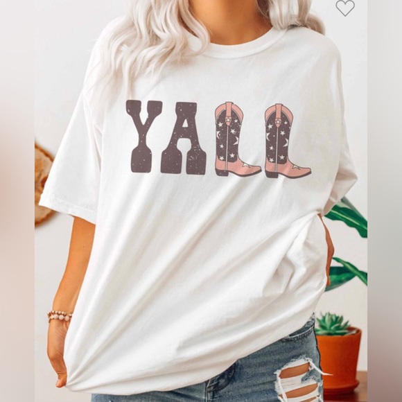 Mia & Penelope | Tops | Yall White Tshirt With Cowboy Boots For The ...